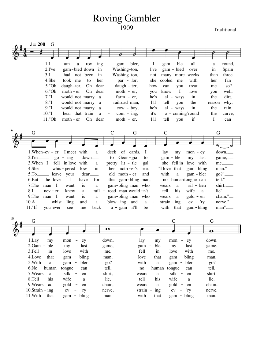 Roving Gambler Sheet Music with Chords for Piano (Solo) Easy ...