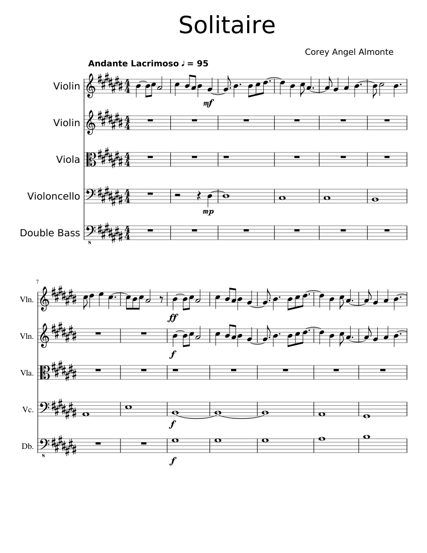Solitaire: No Piano Sheet music for Contrabass, Violin, Viola, Cello ...