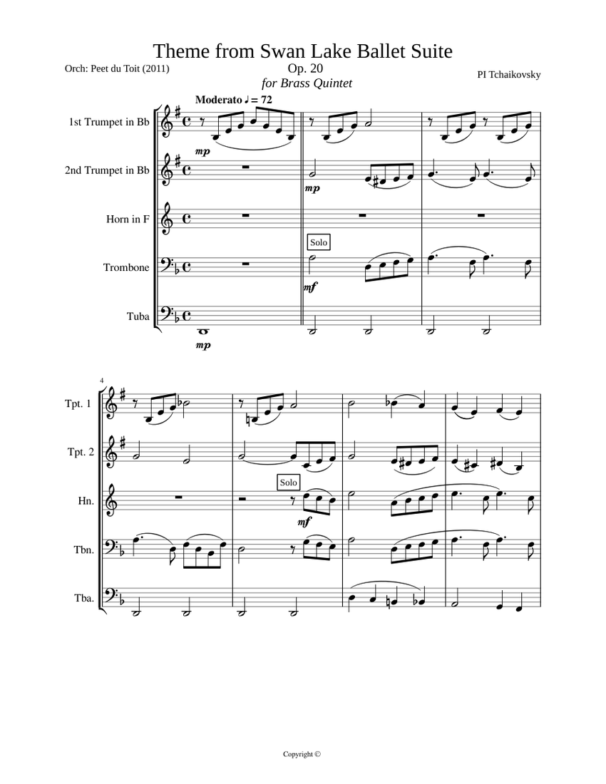 Theme from Swan Lake Ballet Suite, Op. 20 - PI Tchaikovsky (Brass ...