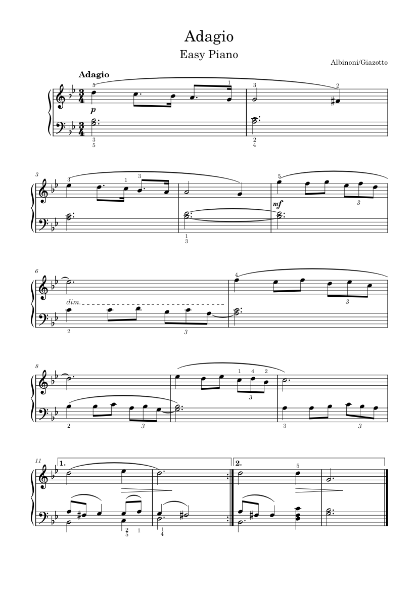 Adagio – Tomaso Albinoni Adagio – Albinoni Piano EASY/BEGINNERS Sheet ...