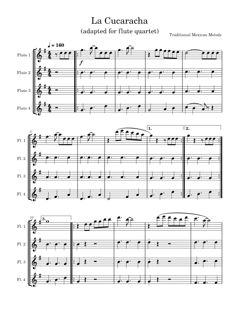 La cucaracha – Misc Traditional Sheet music for Flute (Woodwind Quartet ...