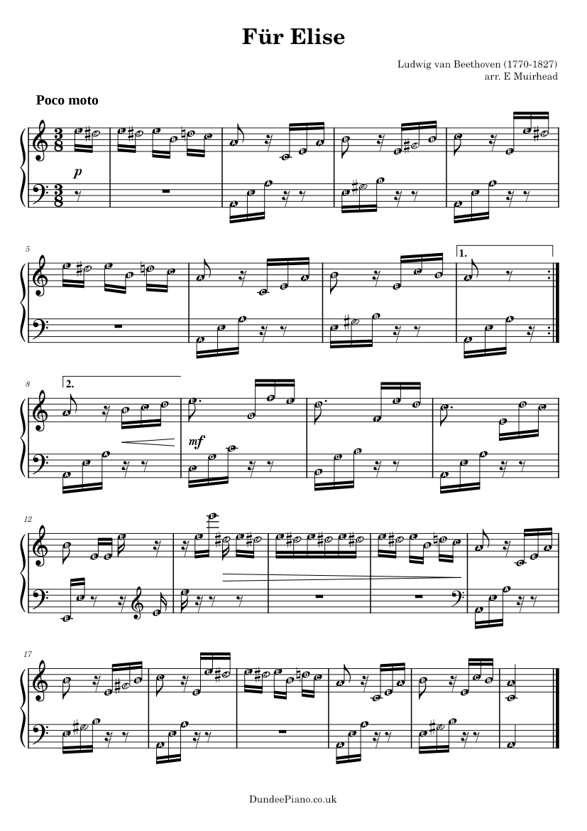 Fur Elise – Ludwig van Beethoven Sheet Music for Piano (Solo) Easy ...