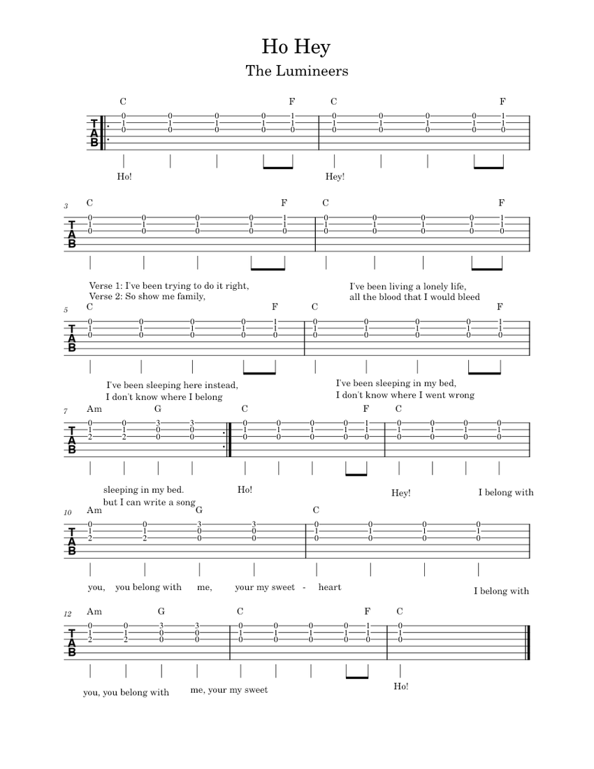 Ho Hey (3 string guitar chords) - The Lumineers Sheet music for Guitar ...