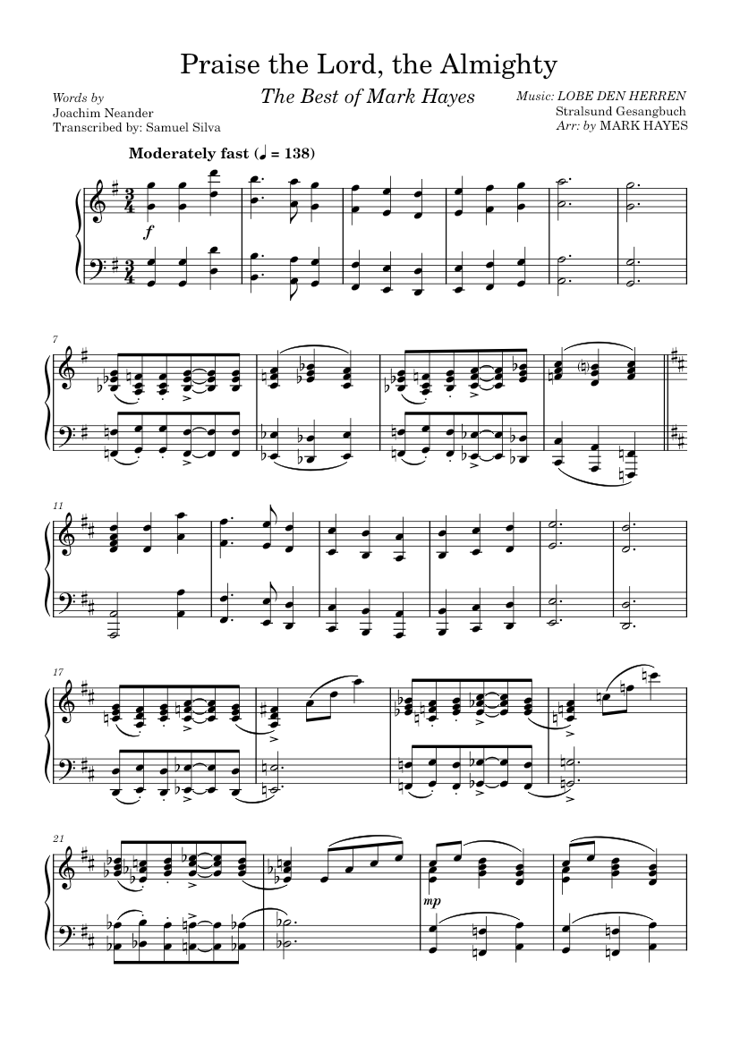 Praise the Lord, the Almighty - Arr: Mark Hayes Sheet Music for Piano ...