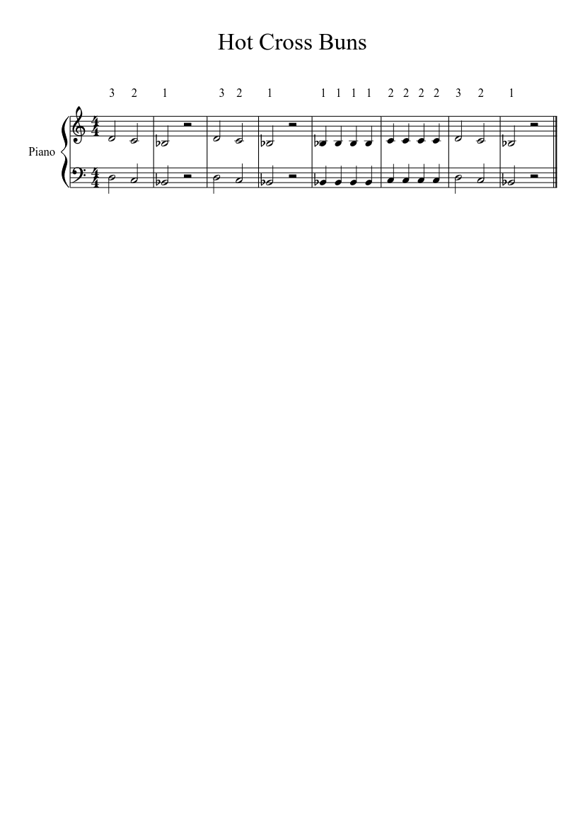 Hot Cross Buns Piano w Fingering Sheet music for Piano (Solo) Easy ...