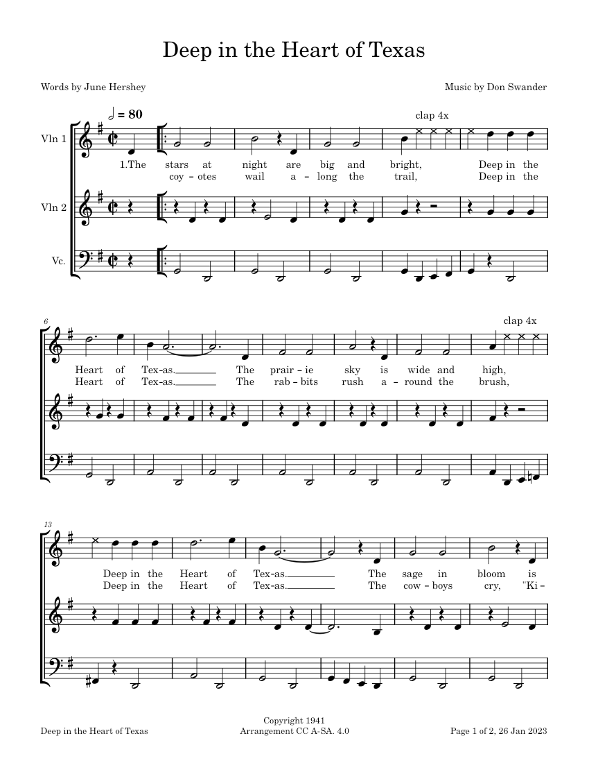 Deep in the Heart of Texas – Don Swander Sheet Music for Violin, Cello ...