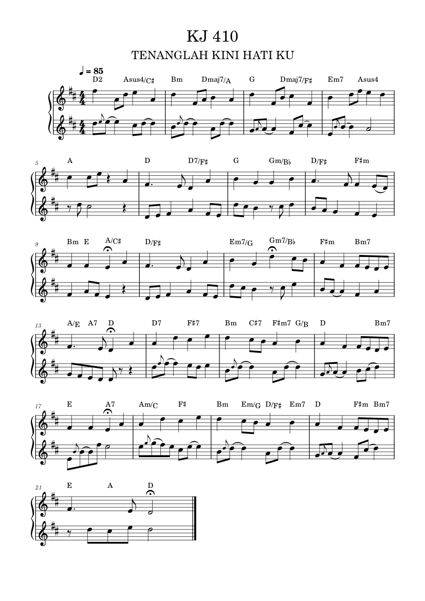 KJ 410 Tenanglah Kini Hatiku Sheet Music for Piano (Solo) Easy ...