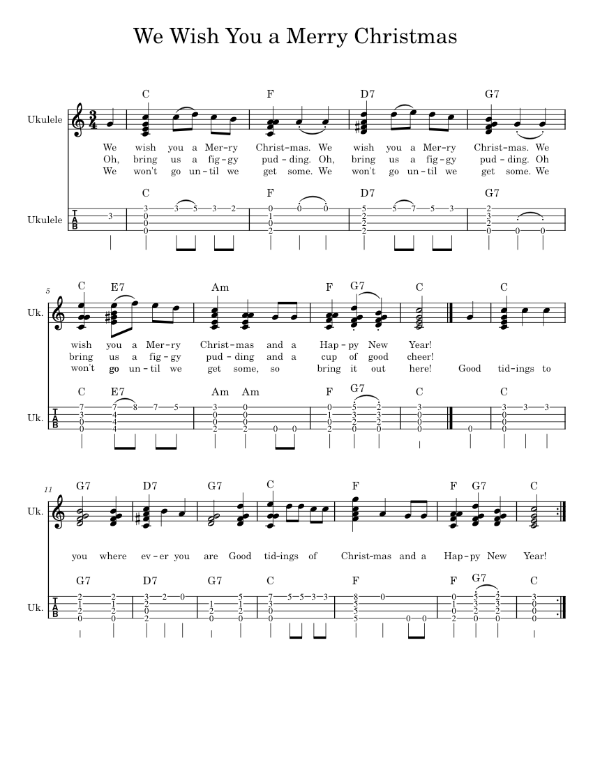 We Wish You a Merry Christmas in C ukulele solo Sheet music for Ukulele ...