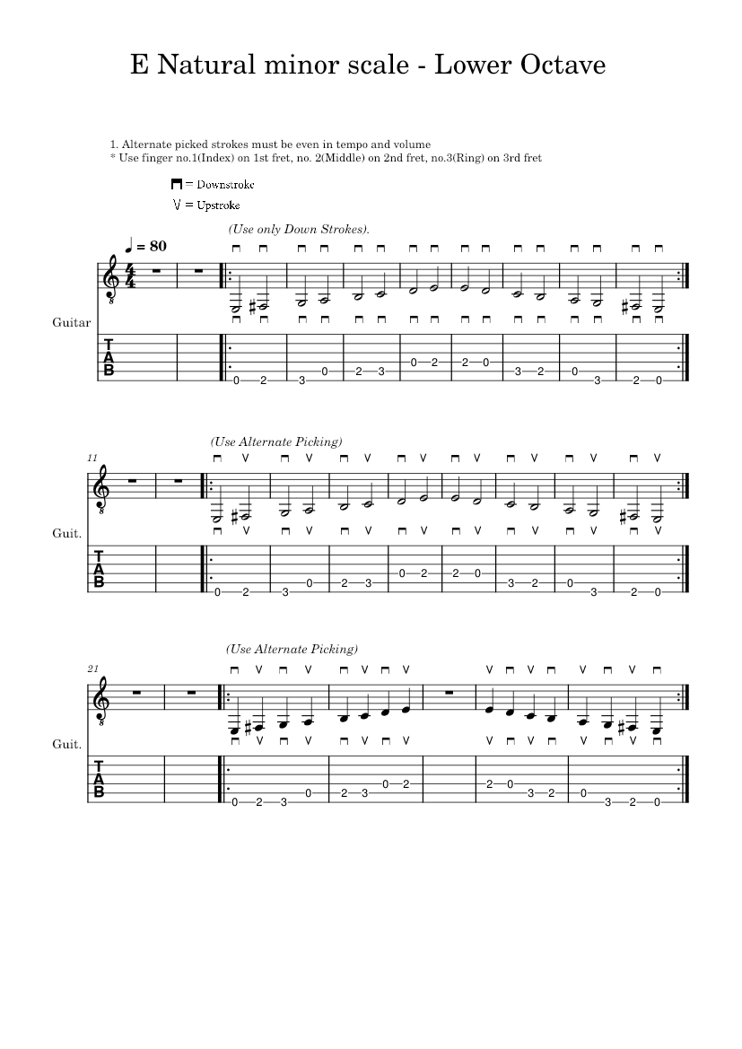 E Natural minor scale Lower Octave Sheet music for Guitar (Solo ...