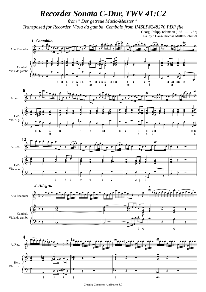 Telemann, G. P. _ Recorder Sonata C-Dur, TWV 41:C2 Sheet music for ...