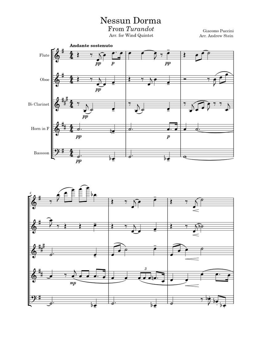 Nessun Dorma - Giacomo Puccini Sheet music for Flute, Oboe, Clarinet in b-flat, Bassoon & more ...