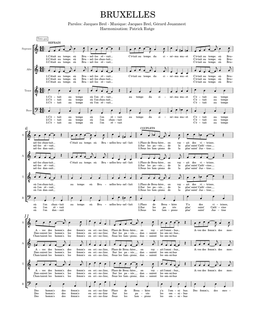Bruxelles – Jacques Brel Sheet music for Soprano, Alto, Tenor, Bass ...
