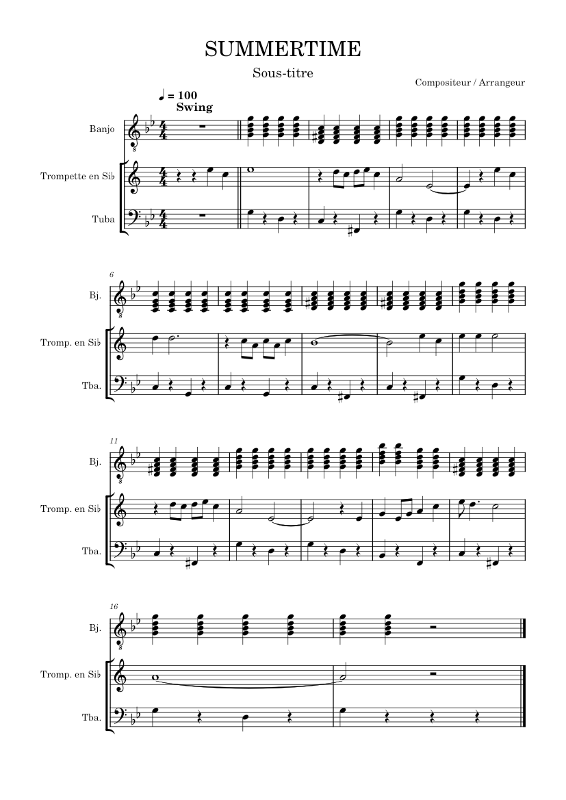 SUMMERTIME Sheet Music for Tuba, Banjo, Trumpet other (Mixed Trio ...