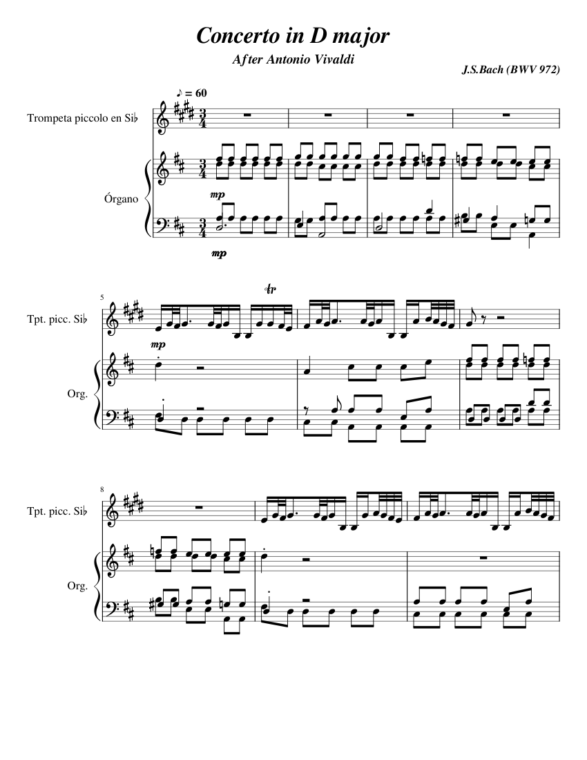 Concerto in D Major 2 movement Sheet music for Organ, Trumpet piccolo ...