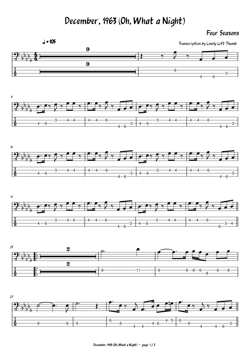 December 1963 oh what a night – The Four Seasons Sheet music for Bass ...