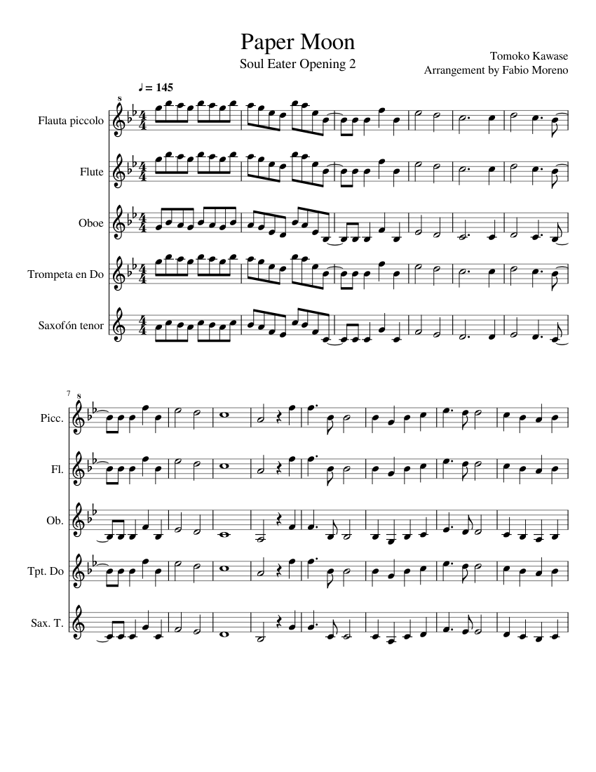 Paper Moon Soul Eater Opening 2 Band Arrangement Sheet music for Flute ...