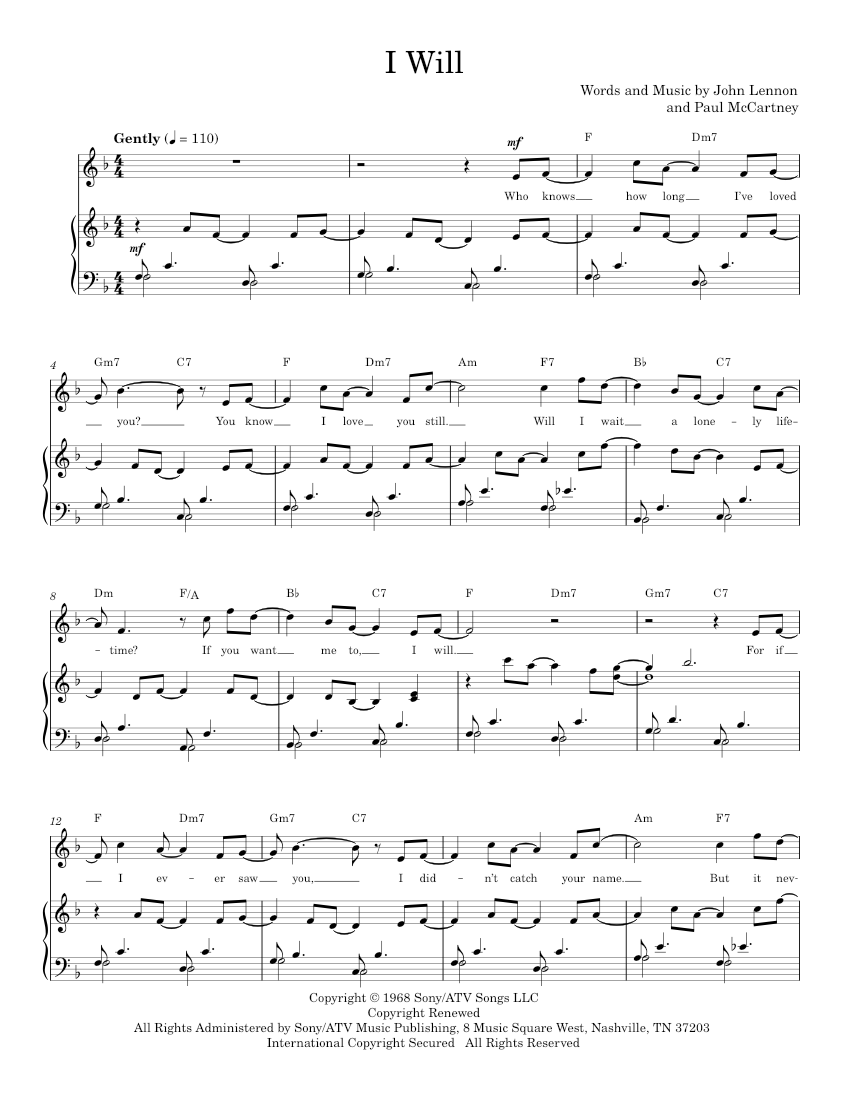 Play Official version of I will Sheet Music by The Beatles for Piano ...