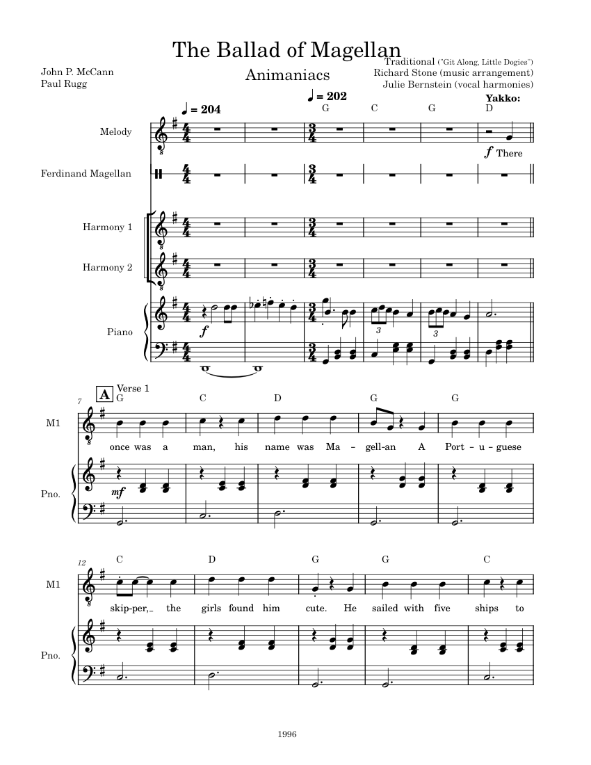 The Ballad of Magellan - Animaniacs Sheet music for Piano, Vocals ...