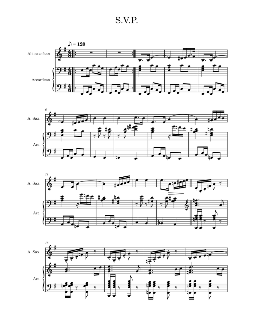 S.V.P. – Astor Piazzolla - Accordeon en Altsaxofoon Sheet music for Accordion, Saxophone alto ...