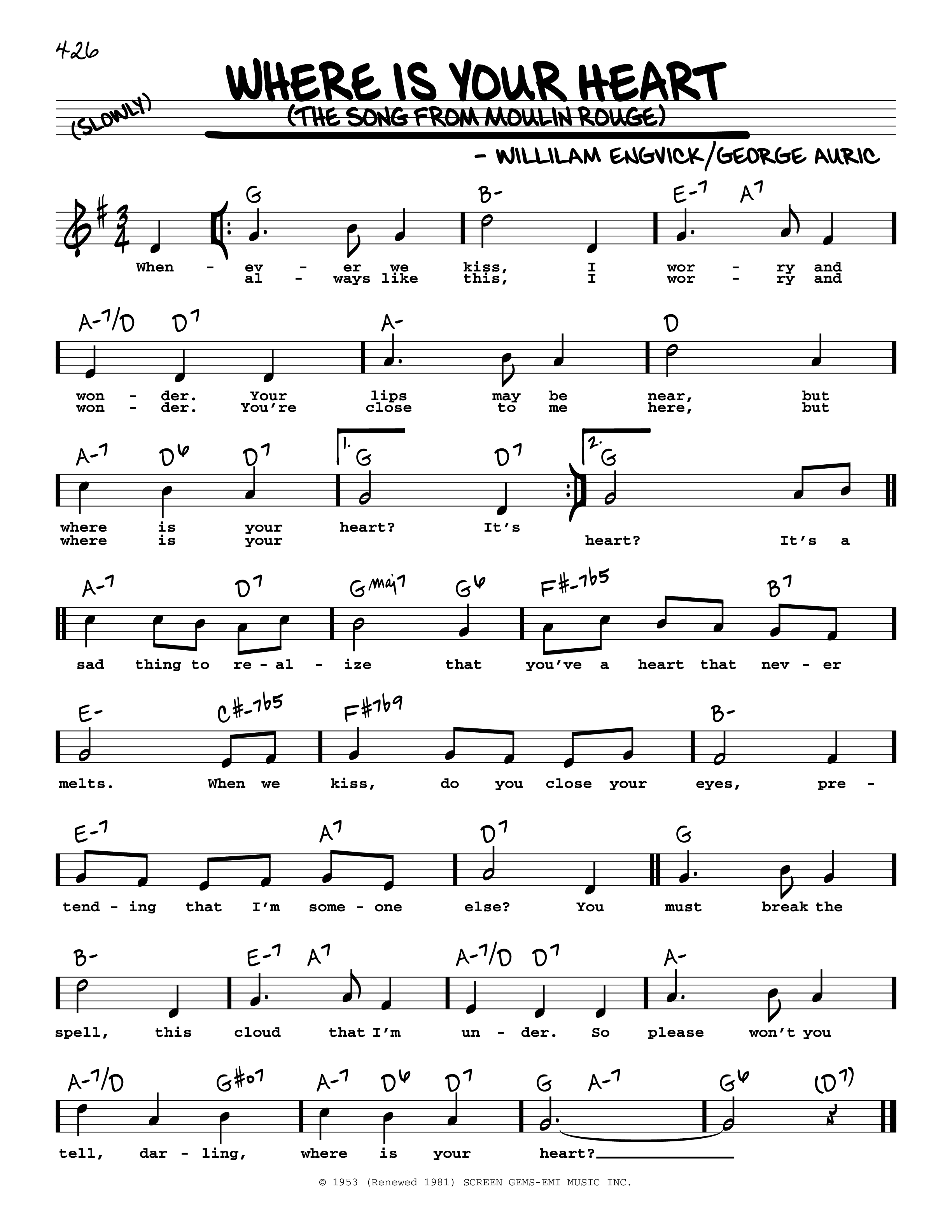 Where Is Your Heart (The Song From Moulin Rouge) Sheet music for Piano ...