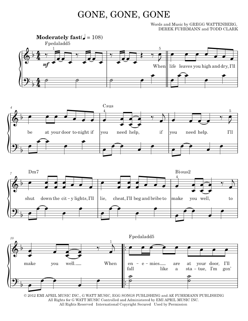 Gone, Gone, Gone Sheet music for Piano: Music Notes