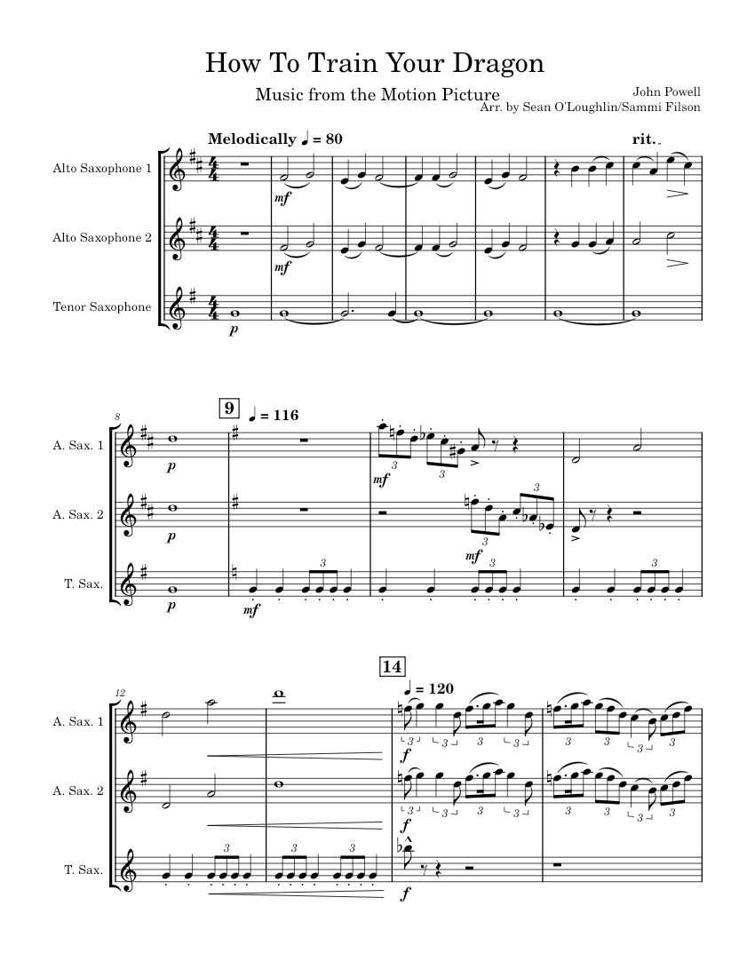 How To Train Your Dragon Saxophone Trio Sheet Music for Saxophone alto ...