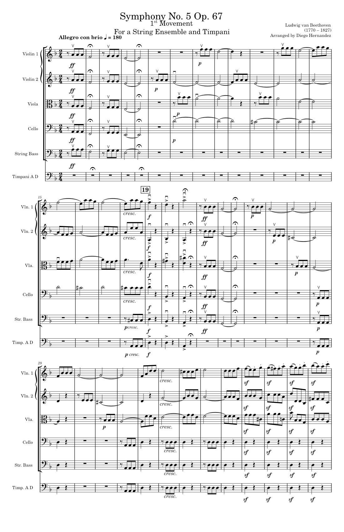 Beethoven's Symphony No. 5 For a String Ensemble and Timpani (A,D) Sheet music for Timpani ...