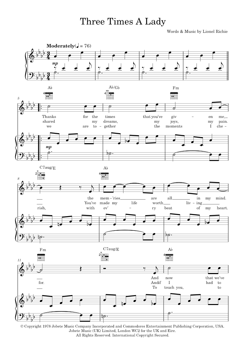 Play Official version of Three times a lady Sheet Music by Commodores ...