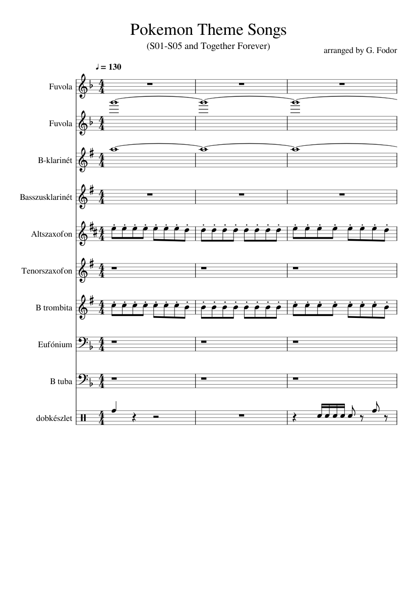Pokemon Theme Songs Sheet music for Euphonium, Tuba, Flute, Clarinet in ...