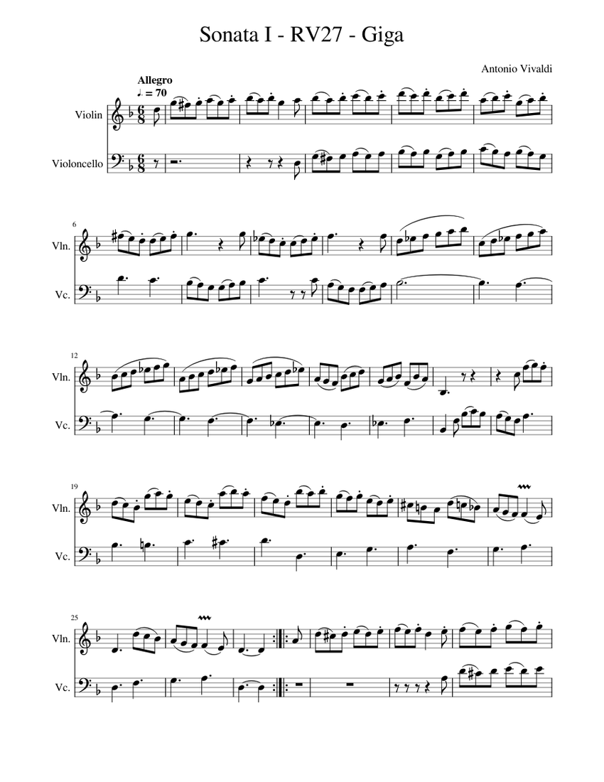 Vivaldi-Sonata I RV27 02.Giga Sheet music for Violin, Cello (String ...