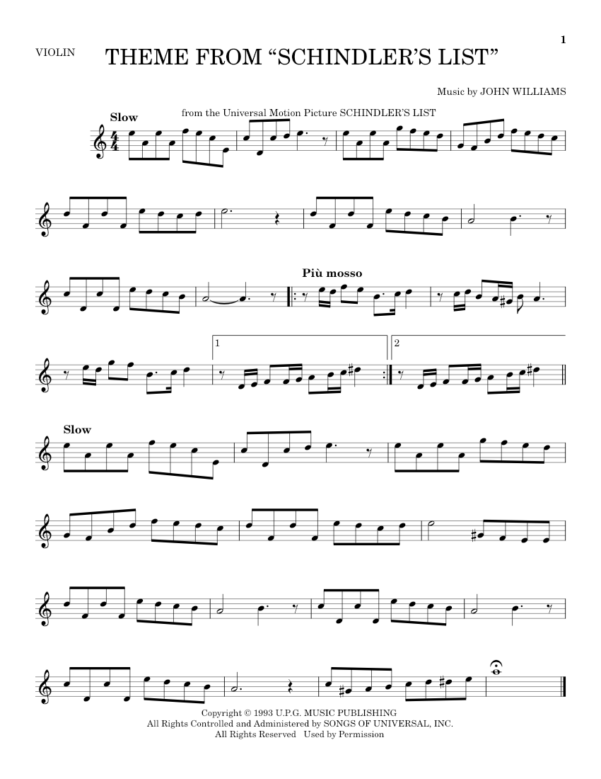 Play Official version of Schindler's List Theme Sheet Music by John Williams for Violin ...