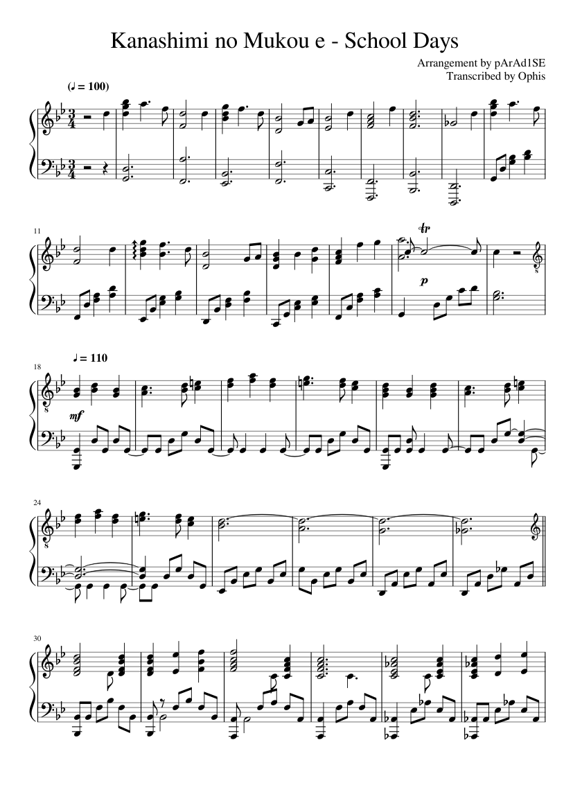 Kanashimi no Mukou e - School Days Sheet Music for Piano (Solo ...