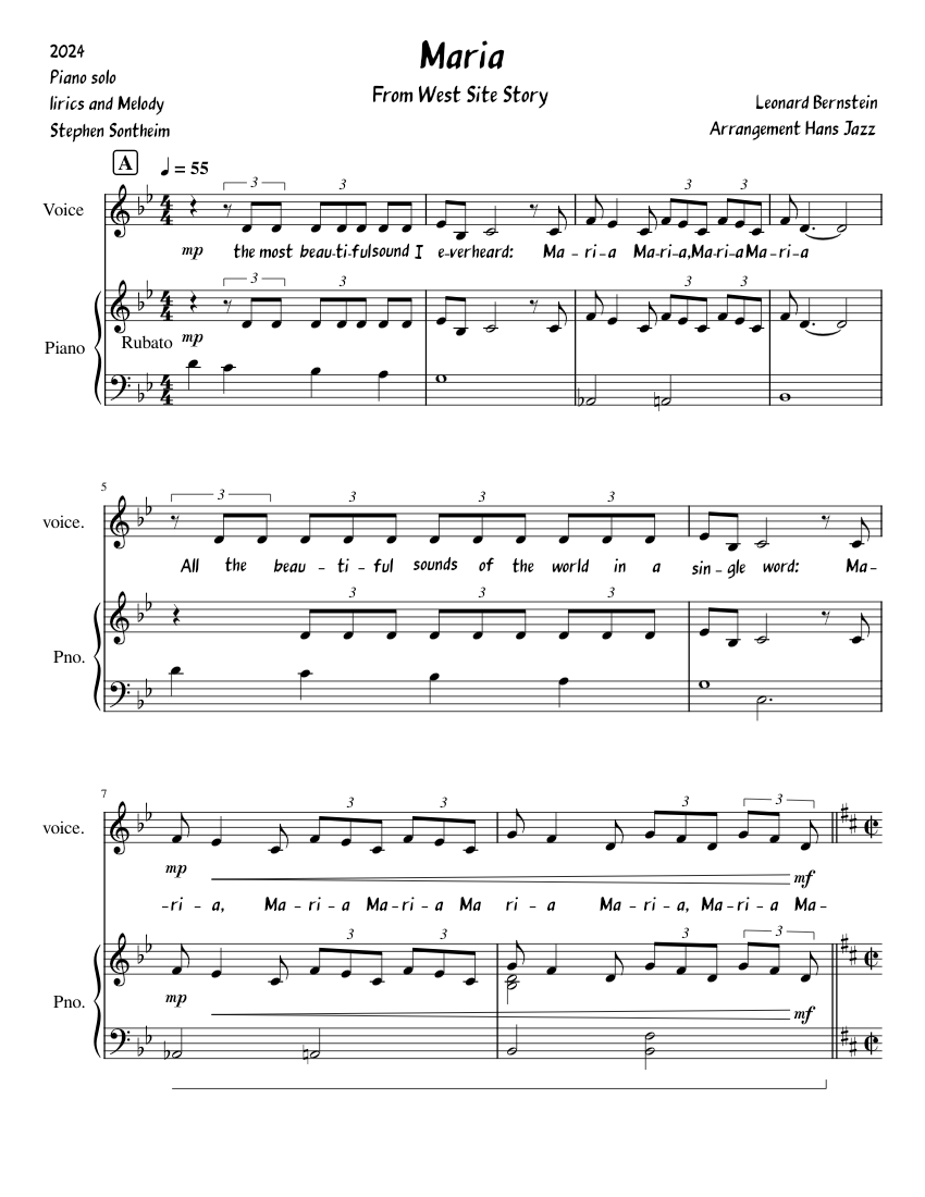 Maria from West Side Story piano solo and voice Sheet Music for Piano, Voice (other) (Piano ...