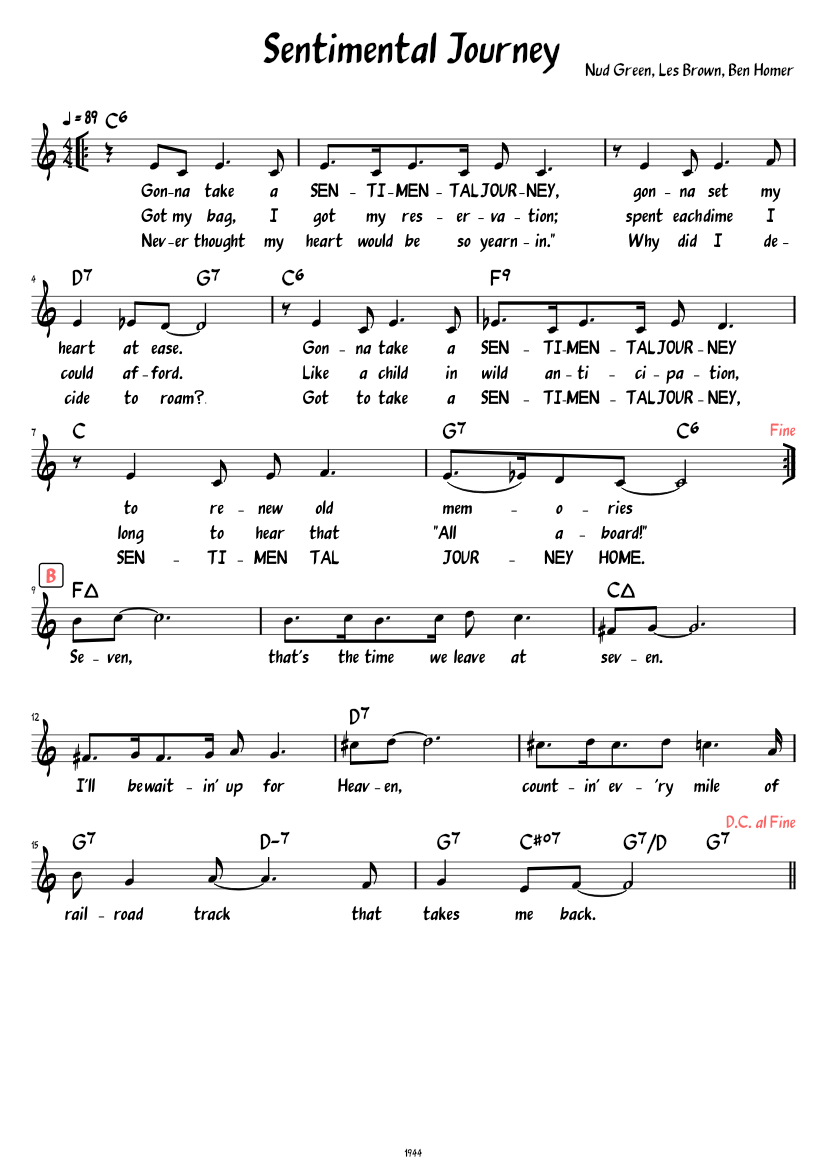Sentimental Journey (Lead sheet with lyrics ) Sheet Music with Chords ...