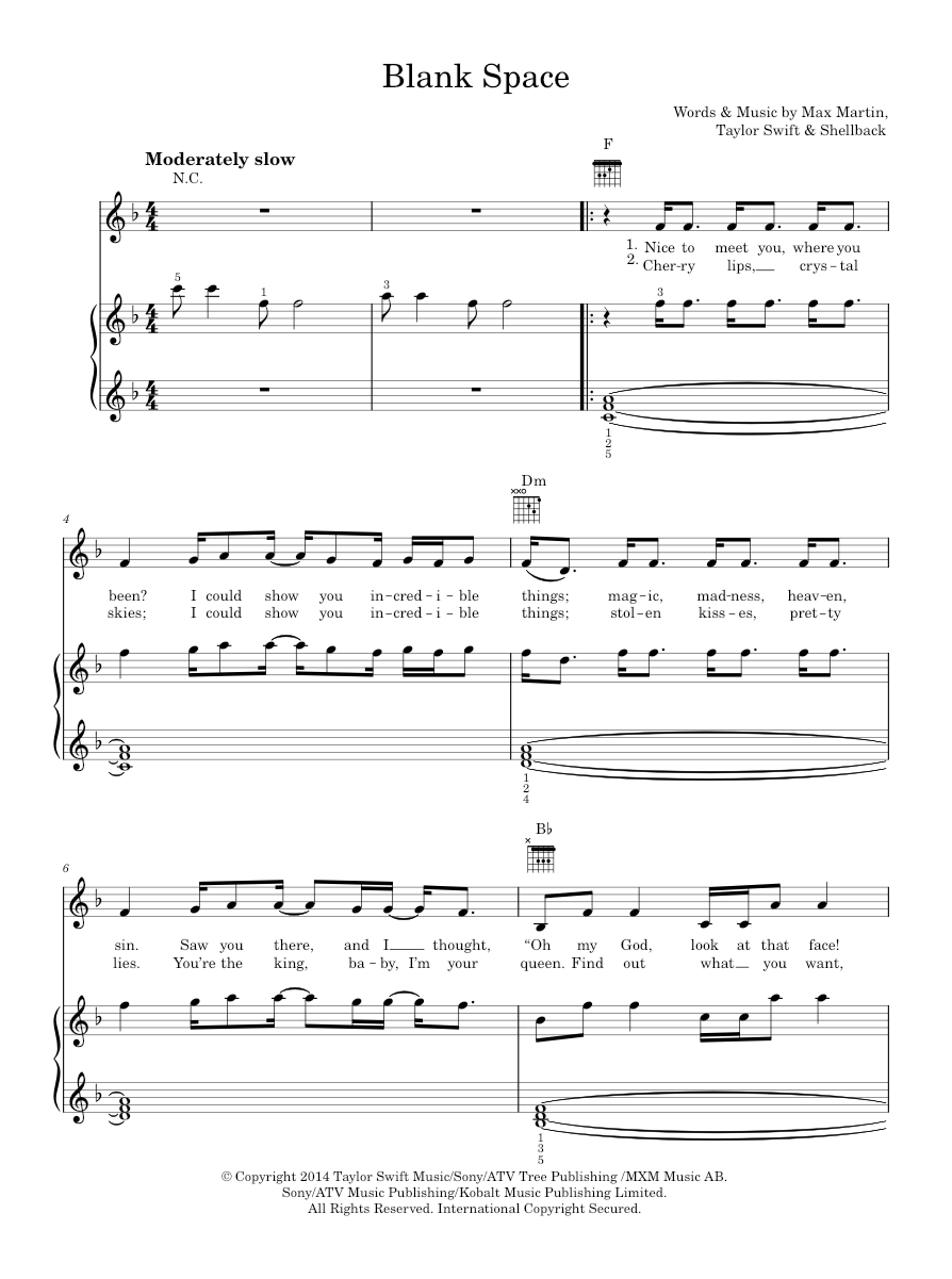 blank space Sheet music for Piano, Vocals by Taylor Swift Official ...