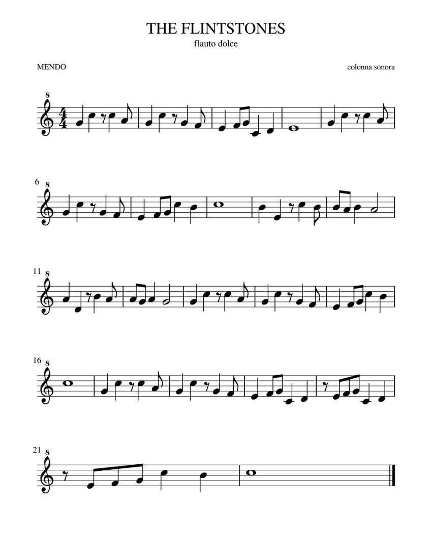 ,mòkp – hgyug THE FLINTSTONES 2 Sheet music for Recorder (Piano Four ...
