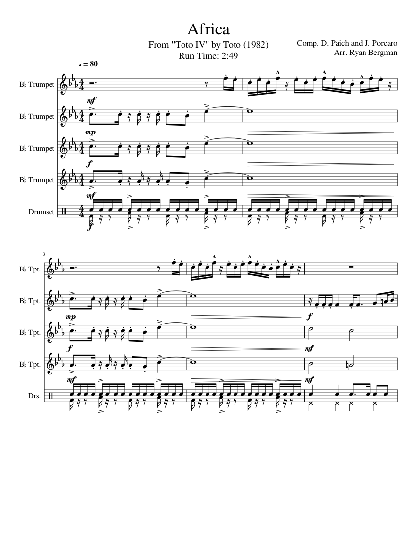 Africa by Toto Sheet music for Trumpet in b-flat, Drum group (Brass ...