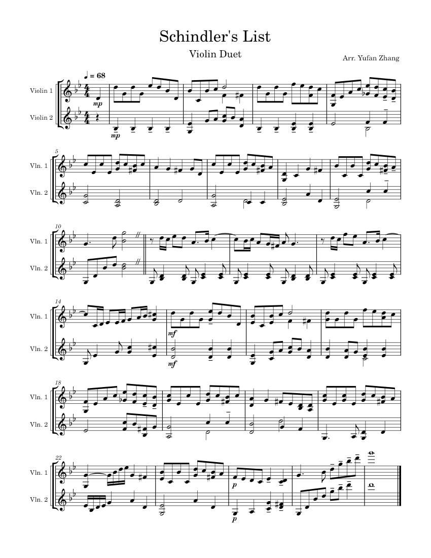 Schindler's List Theme – John Williams - Violin Duet Sheet Music for ...