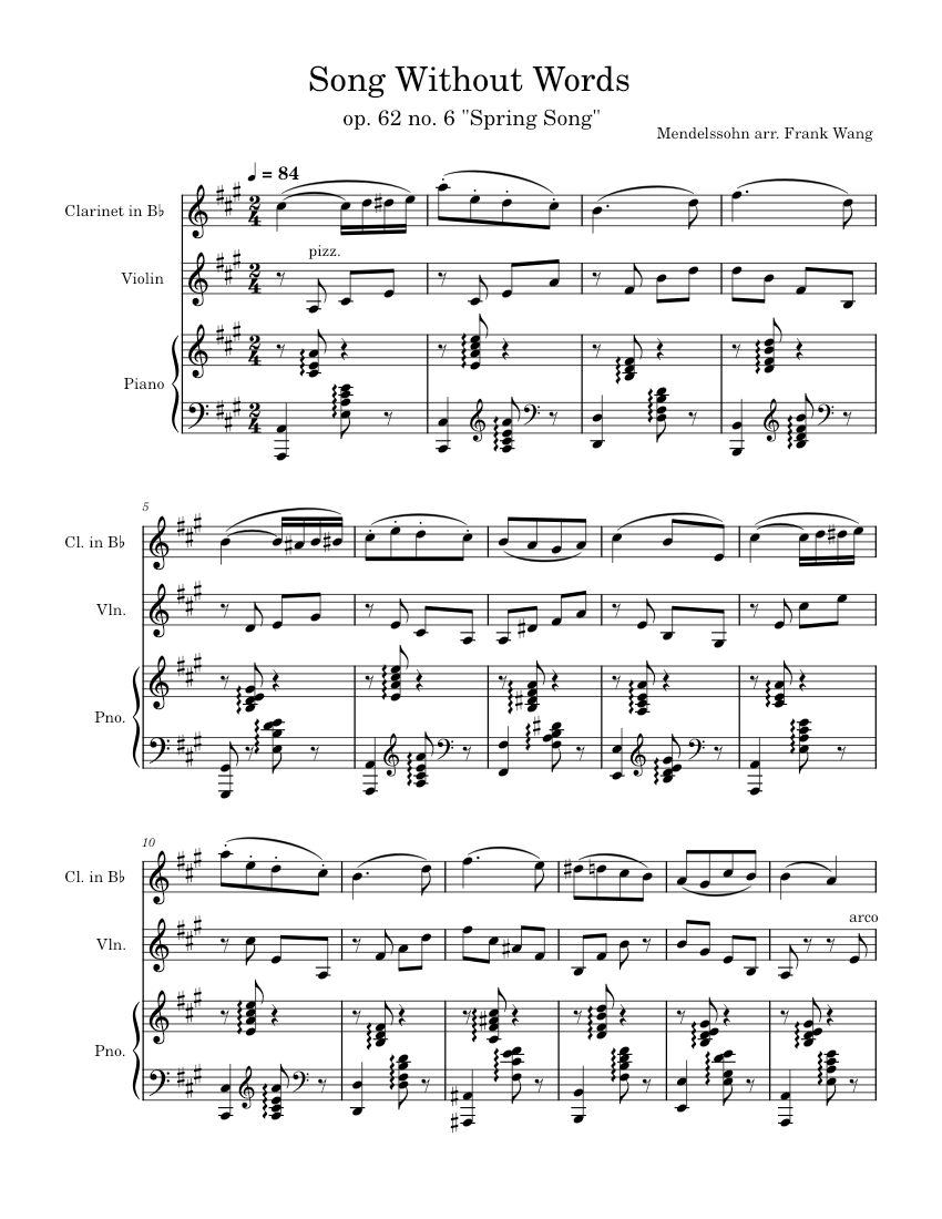 Song Without Words op 67 no 6 "Spring Song" Sheet music for Piano ...