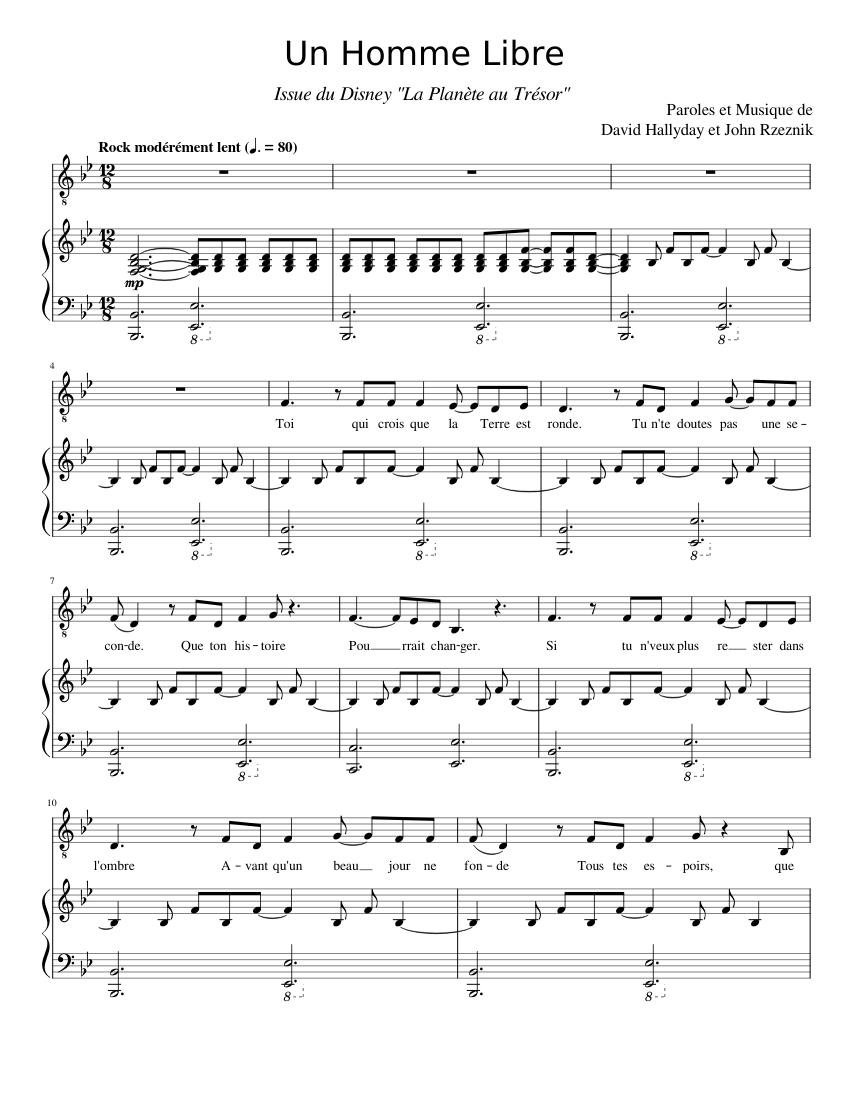 Un Homme Libre - La Planète au Trésor Sheet music for Piano, Vocals ...