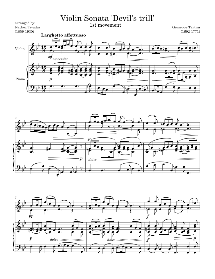 Violin Sonata 'Devil's Trill' – Giuseppe Tartini Sheet Music for Piano ...