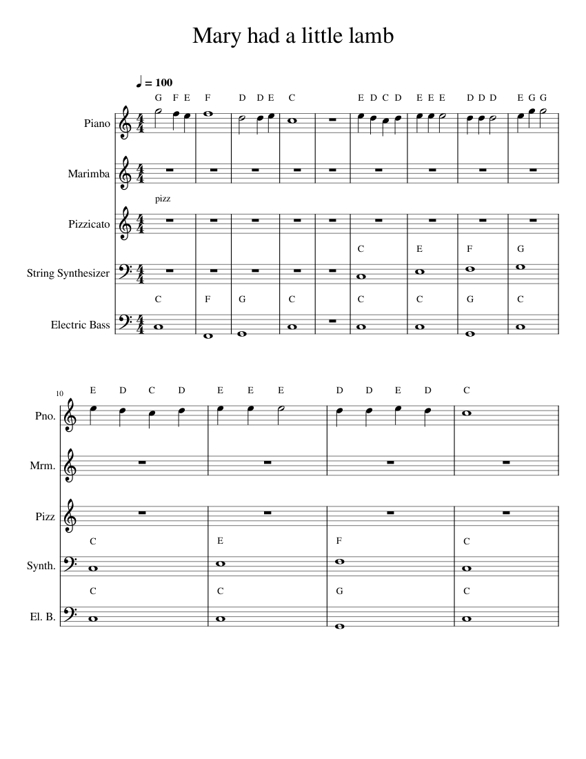 Mary had a little lamb Sheet music for Piano, Bass guitar, Marimba ...