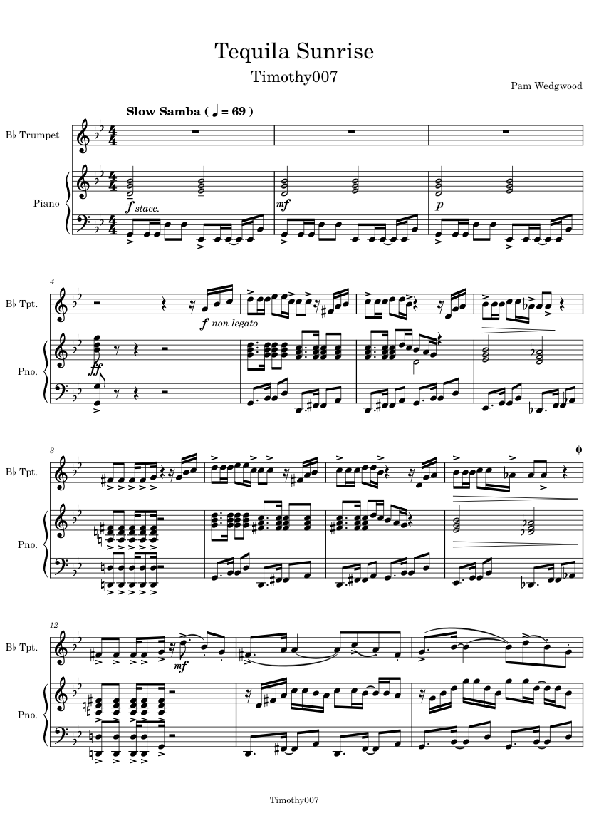 Tequila Sunrise – Pam Wedgwood Sheet music for Piano, Trumpet in b-flat ...