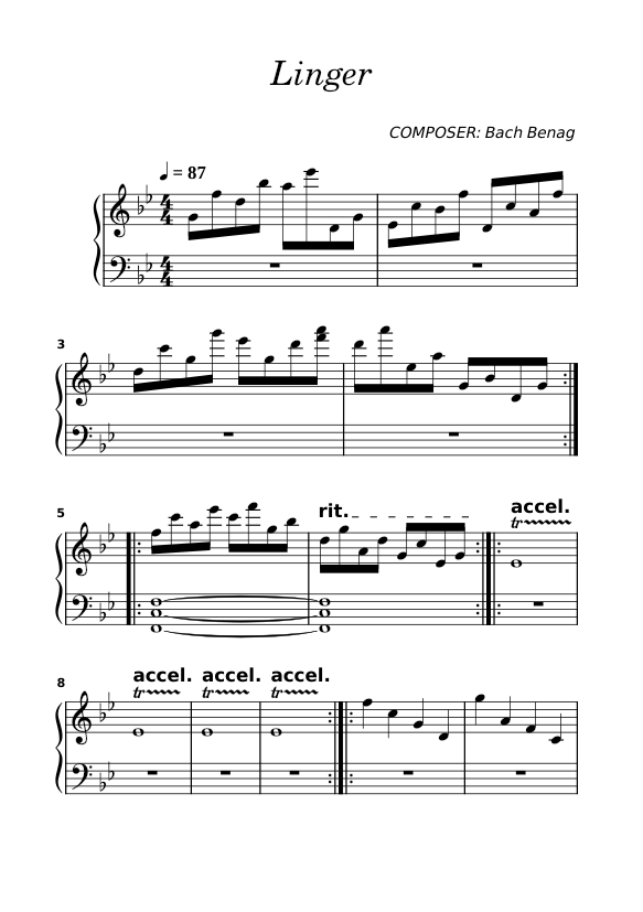 Linger – Bach Benag Linger Sheet music for Piano (Solo) Easy ...