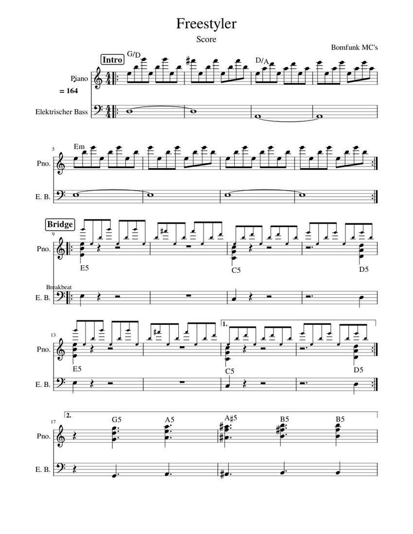 Bomfunk MC's - Freestyler (Score) Sheet music for Piano, Bass guitar ...