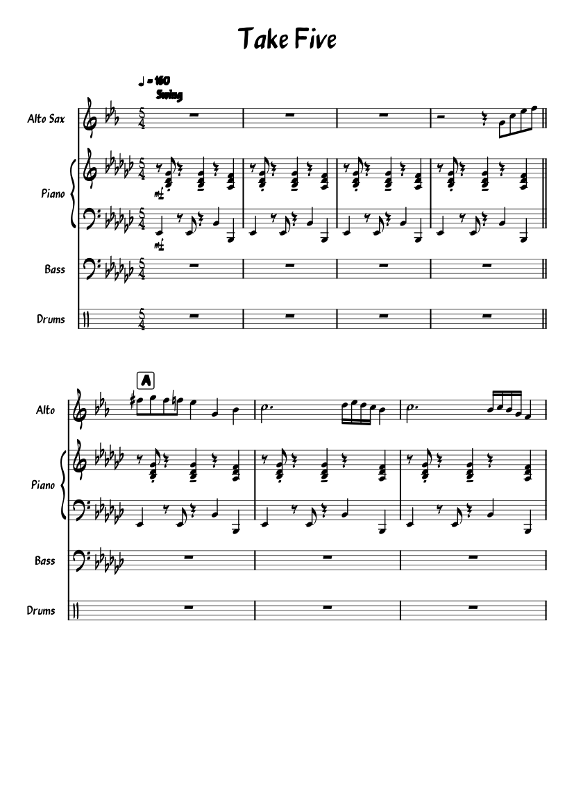 Take Five Sheet Music for Piano, Saxophone alto, Bass guitar, Drum ...
