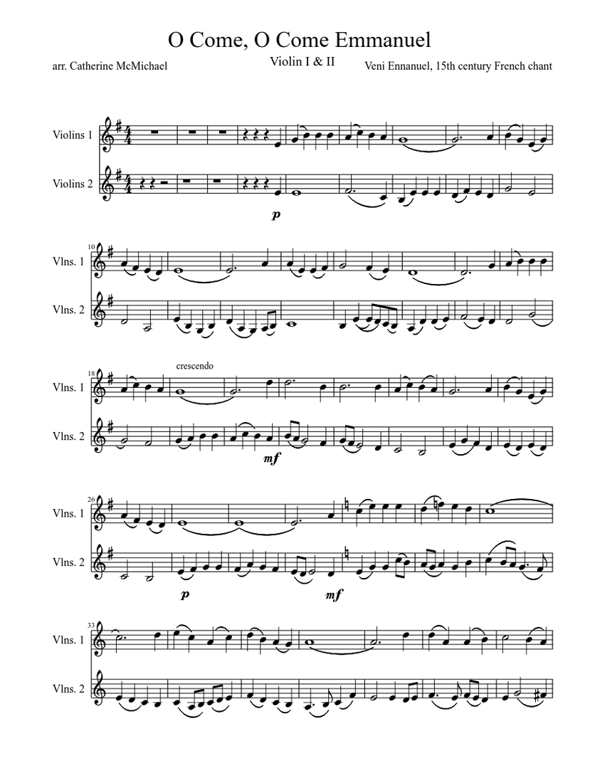 O Come, O Come Emmanuel - Violin 1 & 2 Sheet music for Strings group (String Duet) | Musescore.com