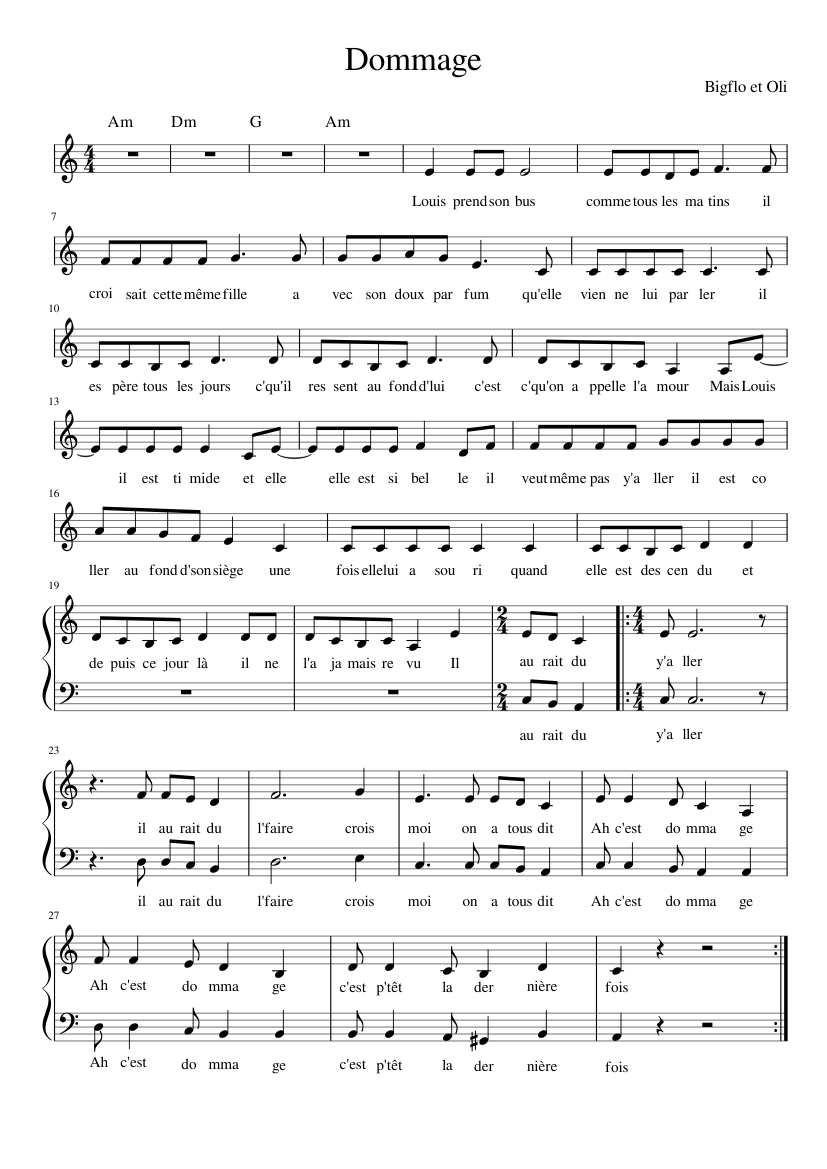 Dommage - Bigflo et Oli Sheet music for Piano (Solo) Easy | Musescore.com