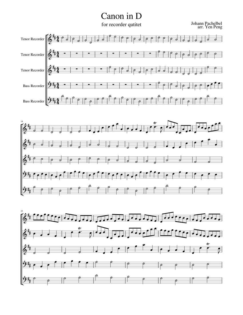 Canon in D(for recorder quintet) Sheet music for Recorder (Mixed ...