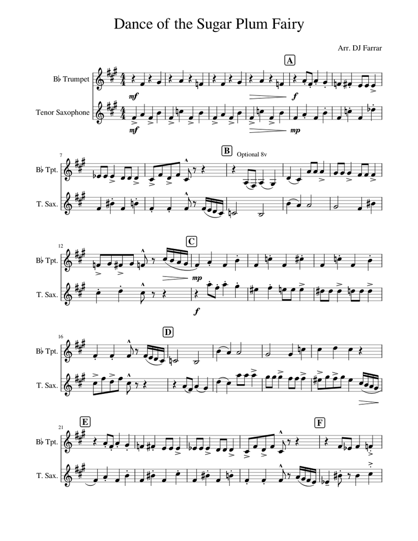Dance of the Sugar Plum Fairy Sheet music for Saxophone tenor, Trumpet in b-flat (Mixed Duet ...